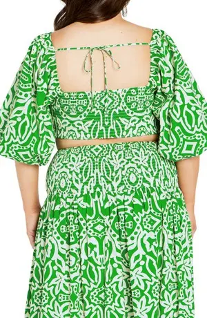 City Chic Hanna Printed Smocked Crop Top - Green Print