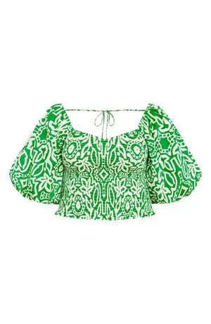 City Chic Hanna Printed Smocked Crop Top - Green Print