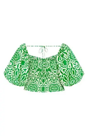 City Chic Hanna Printed Smocked Crop Top - Green Print