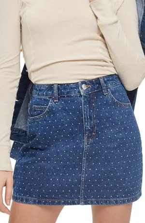 Topshop Crystal Studded Denim Miniskirt - Mid Denim