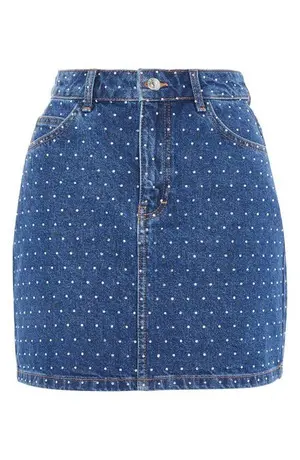 Topshop Crystal Studded Denim Miniskirt