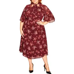 City Chic Floral Tie Neck Midi Dress - Red Print