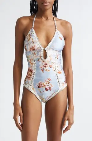Zimmermann Awaken Crochet-trimmed One-piece Swimsuit - Chambray Floral