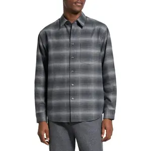 Theory Weekend Gradient Check Brushed Cotton Button-up Overshirt - Charcoal Melange Multi - Wx6