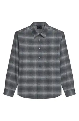 Theory Weekend Gradient Check Brushed Cotton Button-up Overshirt - Charcoal Melange Multi - Wx6
