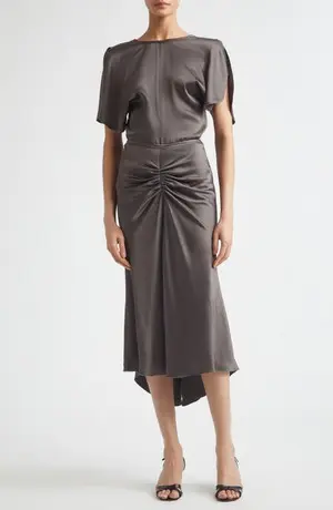 Victoria Beckham Gathered Satin Midi Skirt - Ore