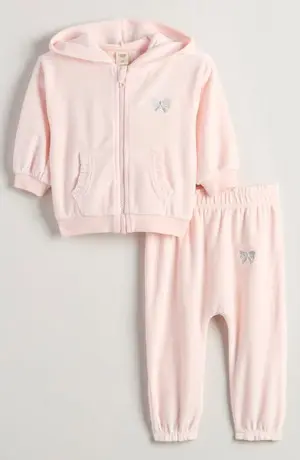 TUCKER + TATE Velour Full Zip Hoodie & Joggers Set With Bow Embroidery - Pink Balm- Silver Bow