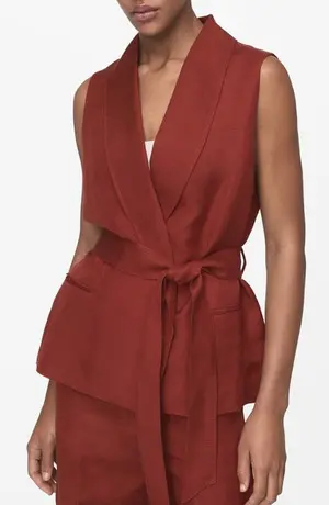Mango Belted Linen-blend Suit Vest