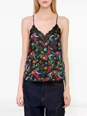 Zadig&Voltaire Christy Floral Print Lace Trim Camisole - Black