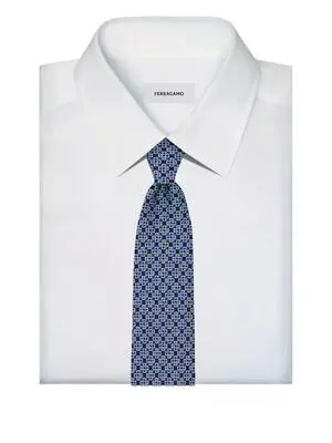 FERRAGAMO Gancini Square Print Silk Tie - Blue