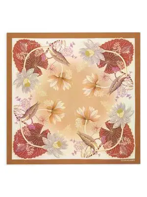 FERRAGAMO Water Lilies Printed Silk Scarf Brown
