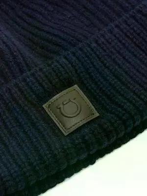 FERRAGAMO Ribbed Knit Beanie With Suede Tag - Blue