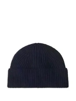 FERRAGAMO Ribbed Knit Beanie With Suede Tag - Blue