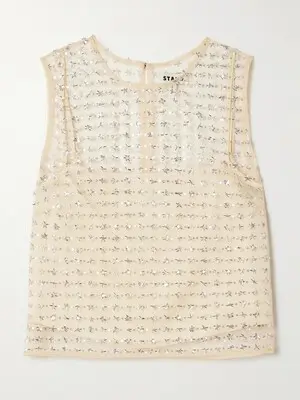 Staud Seraphina Cropped Layered Embellished Tulle Top - Neutrals