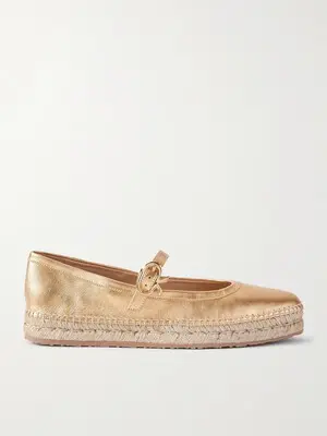 GIANVITO ROSSI Elda Metallic Leather Espadrille Mary Jane Flats - Gold