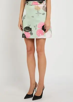 Bernadette Eva Belted Floral-print Satin Skirt