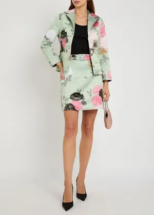 Bernadette Eva Belted Floral-print Satin Skirt