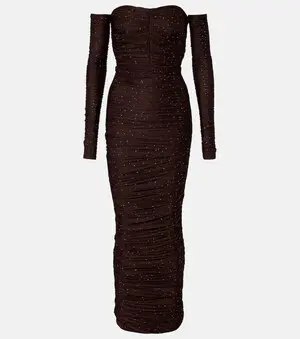 Alex Perry Ruched Embellished Jersey Gown - Brown