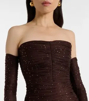 Alex Perry Ruched Embellished Jersey Gown - Brown