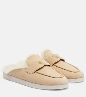 Prada Shearling-lined Suede Mules - Beige