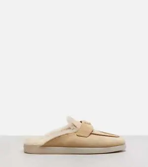 Prada Shearling-lined Suede Mules - Beige