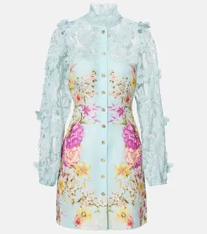 Camilla Embellished Lace-trimmed Linen And Silk Minidress - Blue