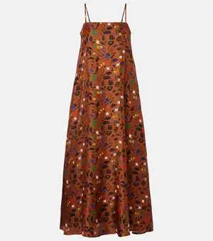 Asceno Printed Silk Twill Midi Dress - Brown