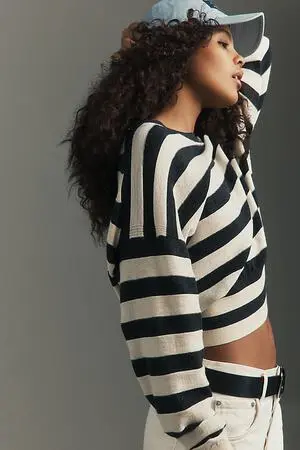 Maeve Crew-neck Dolman Sleeve Pullover Sweater - Black & White Stripe