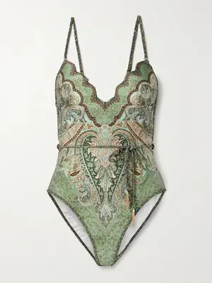 Zimmermann Wanderlust Belted Embellished Scalloped Printed Swimsuit - Teal