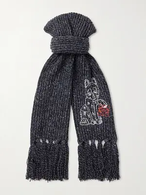Loewe Fringed Embroidered Knitted Scarf - Gray
