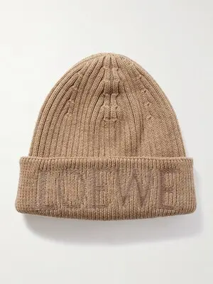Loewe Logo-embroidered Ribbed Wool Beanie - Neutrals