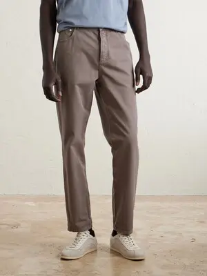 Brunello Cucinelli Logo-embroidered Straight-leg Cotton-twill Trousers - Brown