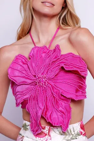 PatBO Hand-beaded Flower Top - Pink