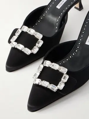 Manolo Blahnik Mayjou 50 Crystal-embellished Satin Mules - Black
