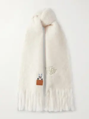 Loewe Louis Wain Appliquéd Embroidered Fringed Mohair-blend Scarf - White