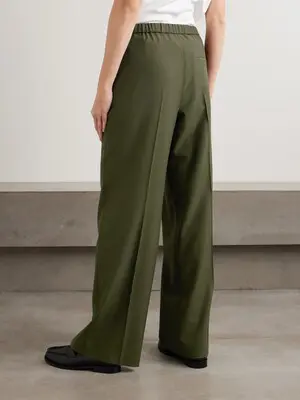 Loewe Leather-trimmed Pleated Grain De Poudre Wool Pants - Green