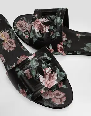Dolce & Gabbana Calfskin Flat Slippers With Rose Print