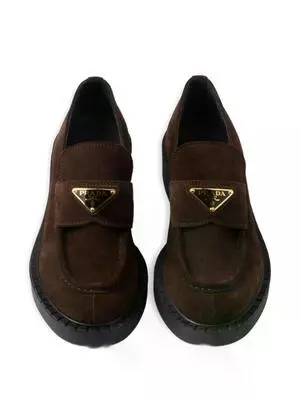 Prada Suede Loafers With Triangle Logo - Brown