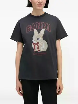 GANNI Bunny-print Cotton T-shirt - Grey