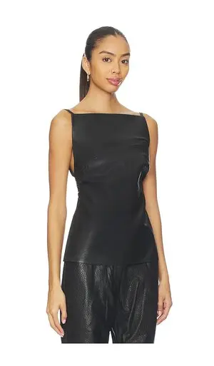 ST. AGNI Leather Square Neck Top - Black