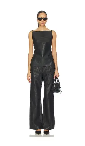 ST. AGNI Leather Square Neck Top - Black