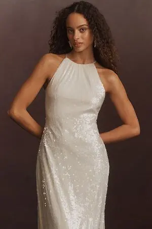 Bhldn Halter Sequin Side-slit Midi Dress