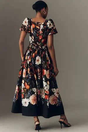 Bhldn Puff-sleeve Corset A-line Dress - Black Pattern