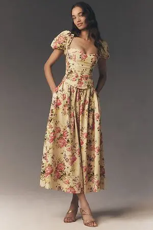 Bhldn Puff-sleeve Corset A-line Dress - Yellow Floral