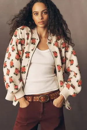 The Great. Plush Faux Fur Bomber Jacket - Cream Rose