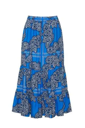 Cara Cara Tiered A-line Midi Skirt - Carved Petals Cobalt