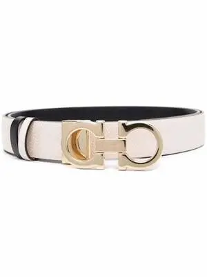 FERRAGAMO Hammered Leather Reversible Gancini Belt Beige