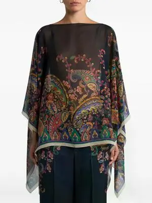 Etro Silk Poncho Top With Placed Floral Paisley Print