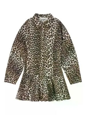 GANNI Leopard Print Mini Shirt Dress - Brown