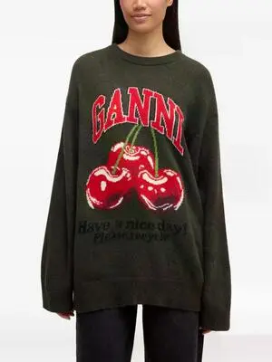 GANNI Cherry Print Graphic Wool Blend Sweater